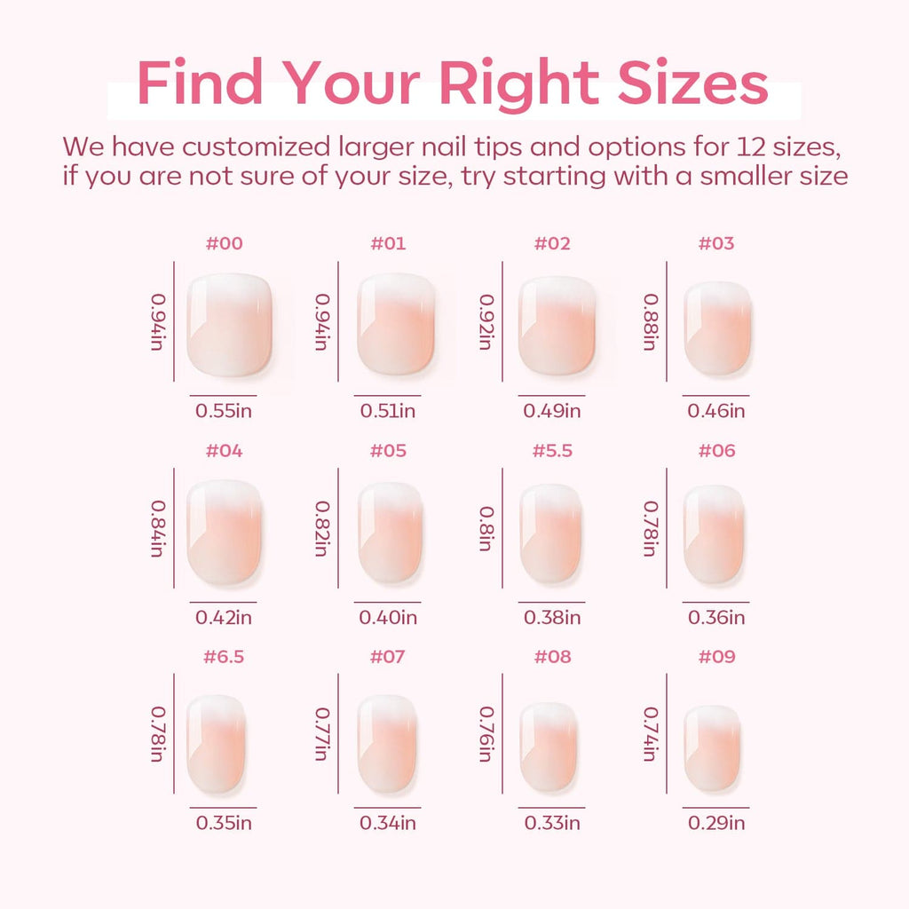 Rose Ombre - 24 Fake Nails 12 Sizes Short Squoval Press on Nails Kit